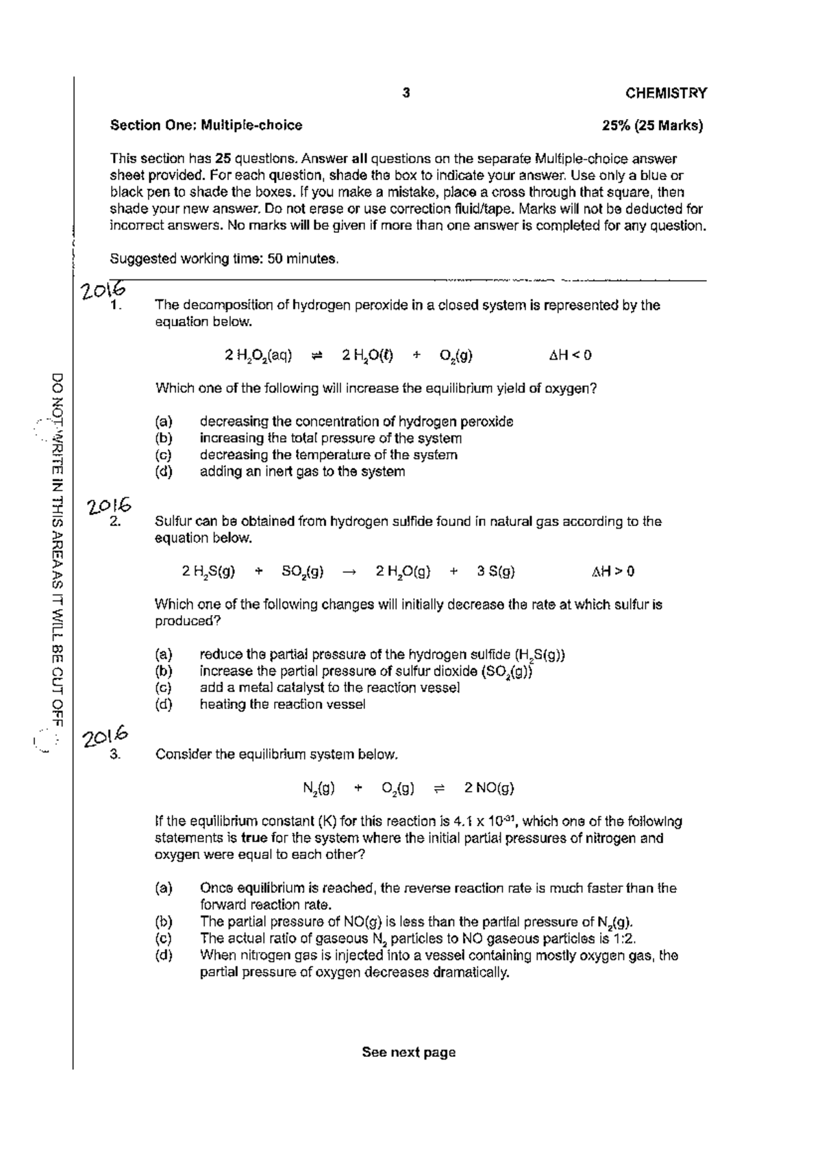 CHEMISTRY 3 Final Exam: Section One Questions and Answers - Studocu