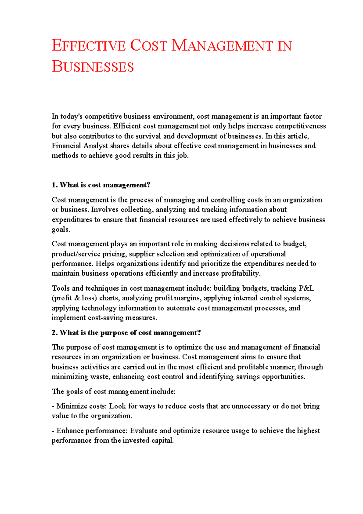 Effective Cost Management in Businesses - EFFECTIVE COST MANAGEMENT IN ...