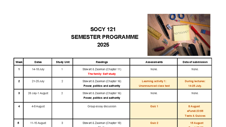 SOCY 121 Semester Programme 2025: Study Units & Assessments - Studocu