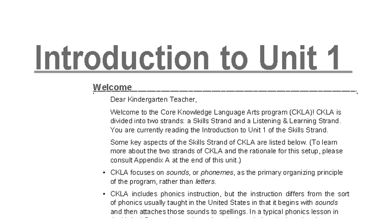 CKLA K-1 Unit 1 Introduction: Skills Strand Overview and Activities ...