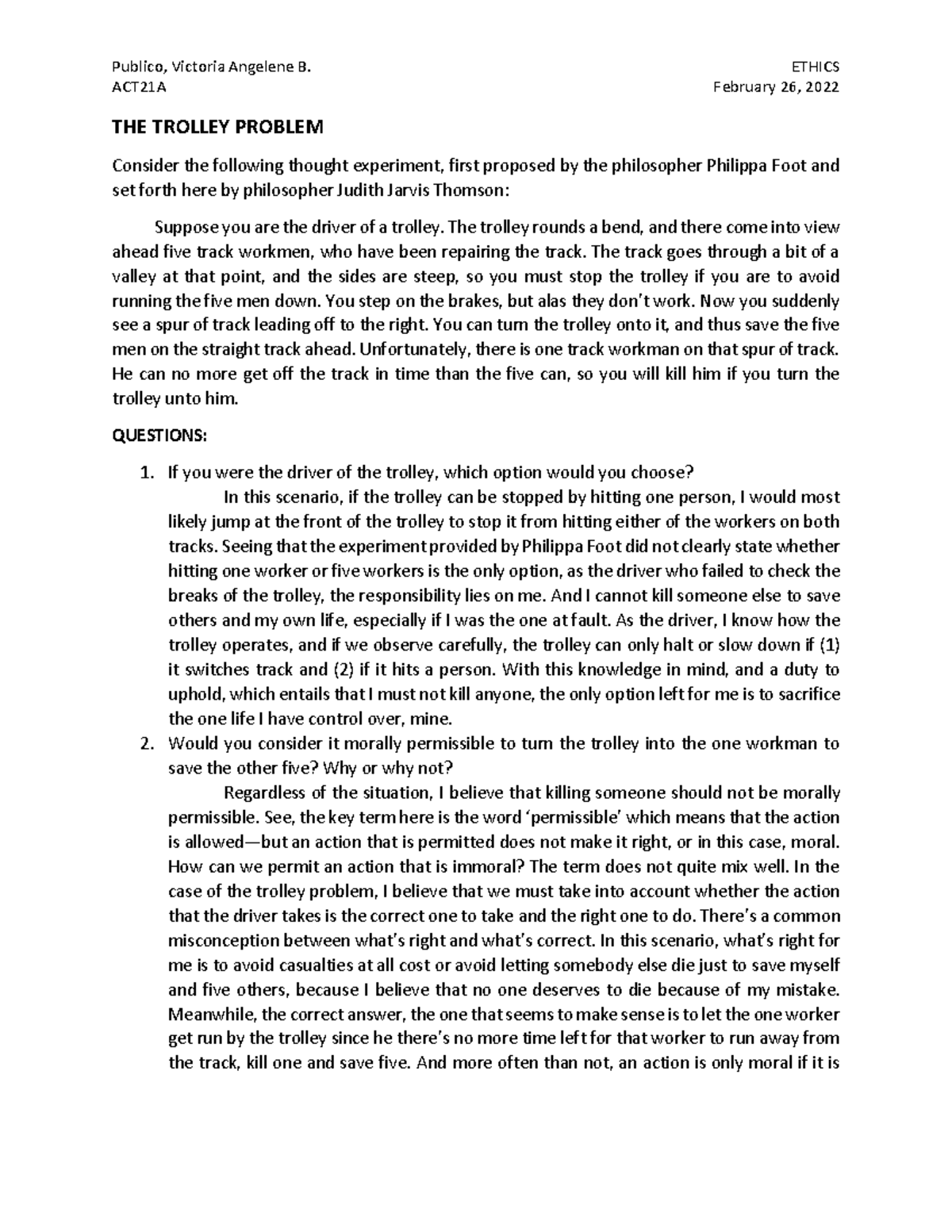 The Trolley Problem - Ethics - Publico, Victoria Angelene B. ETHICS ...