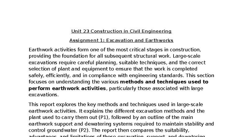 Unit 23 - Ass 1: Excavation & Earthworks in Civil Engineering - Studocu
