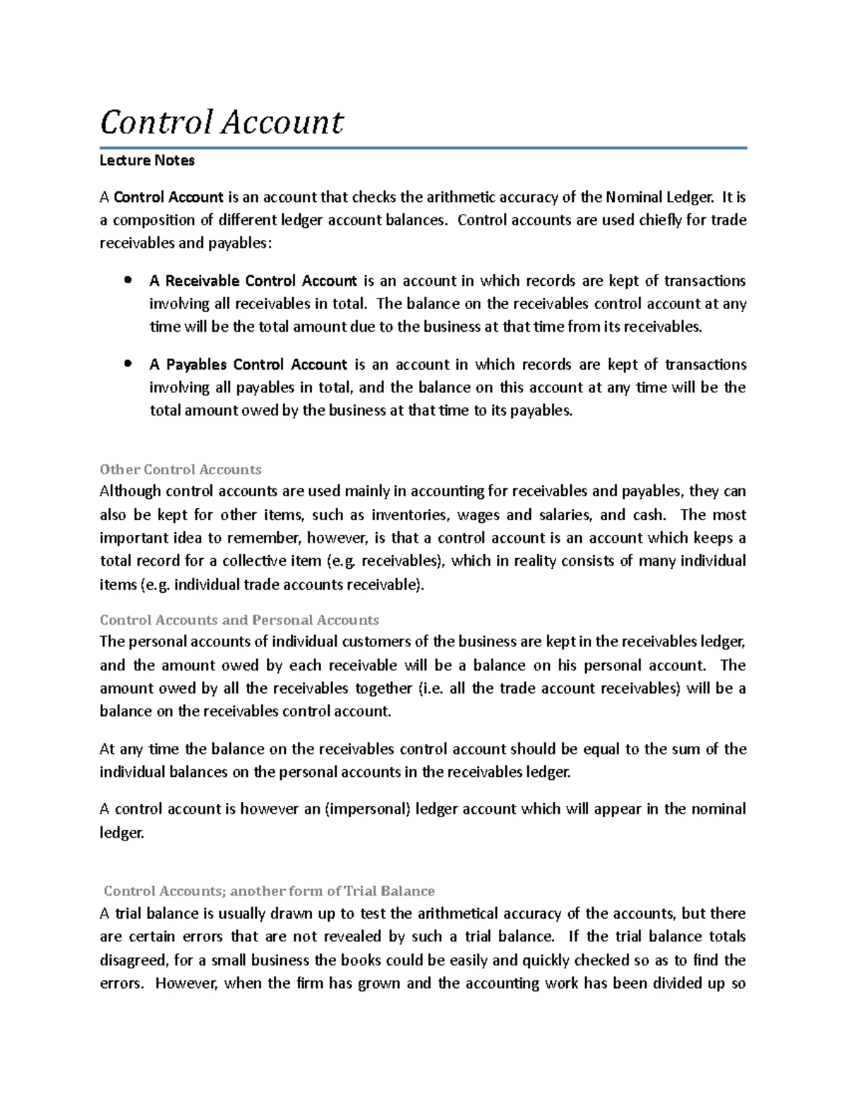 Lecture Notes on Control Account and Errors and Correction - Control ...