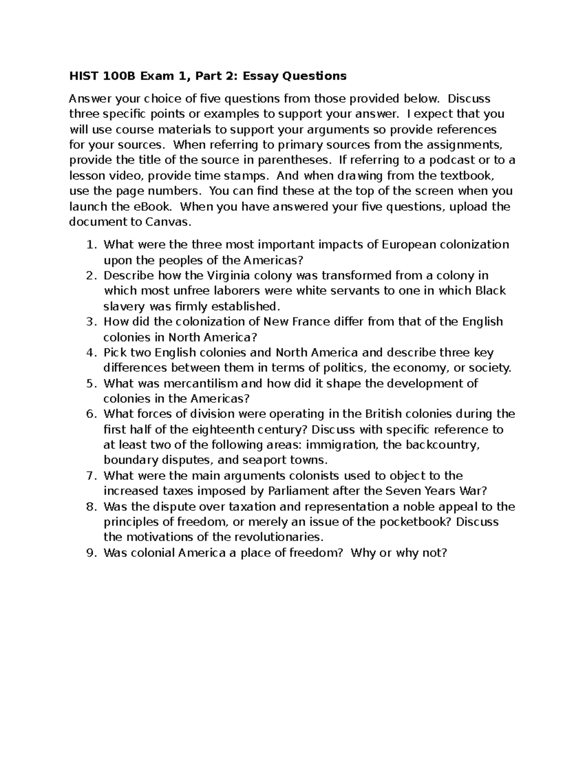 HIST 100B Exam 1, Part 2: Essay Questions & Guidelines - Studocu