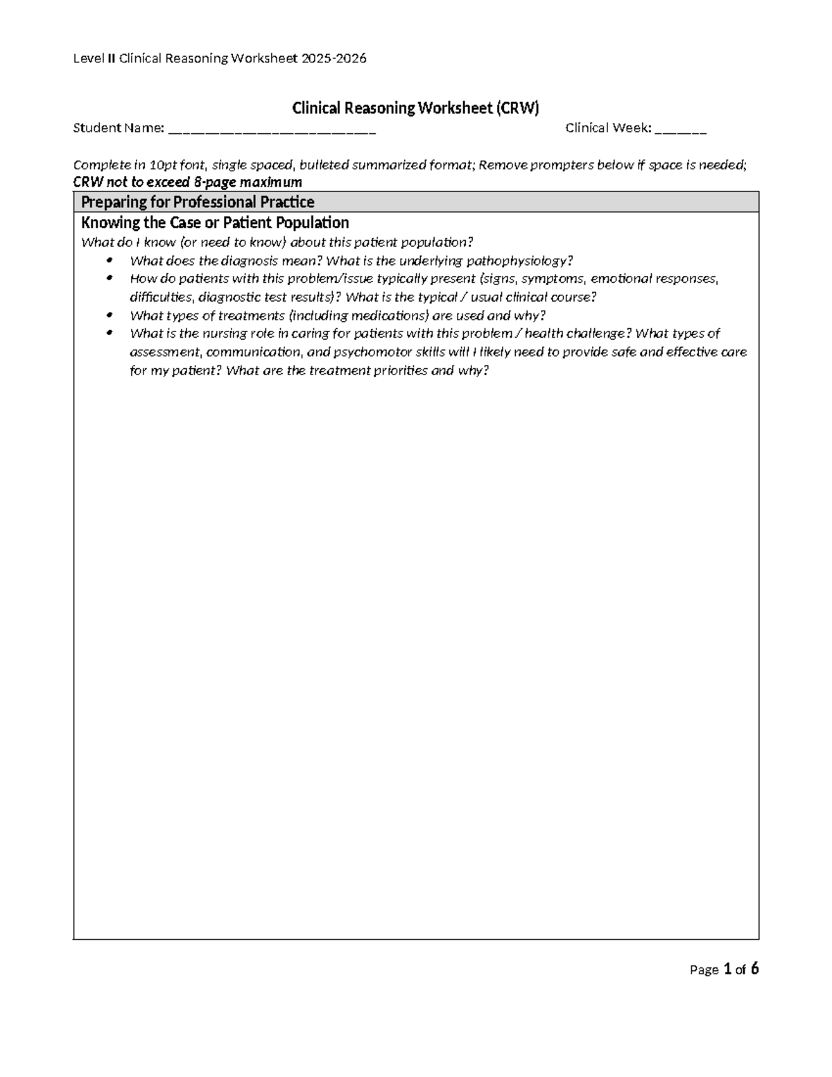 Level II Clinical Reasoning Worksheet (CRW) for Professional Practice ...