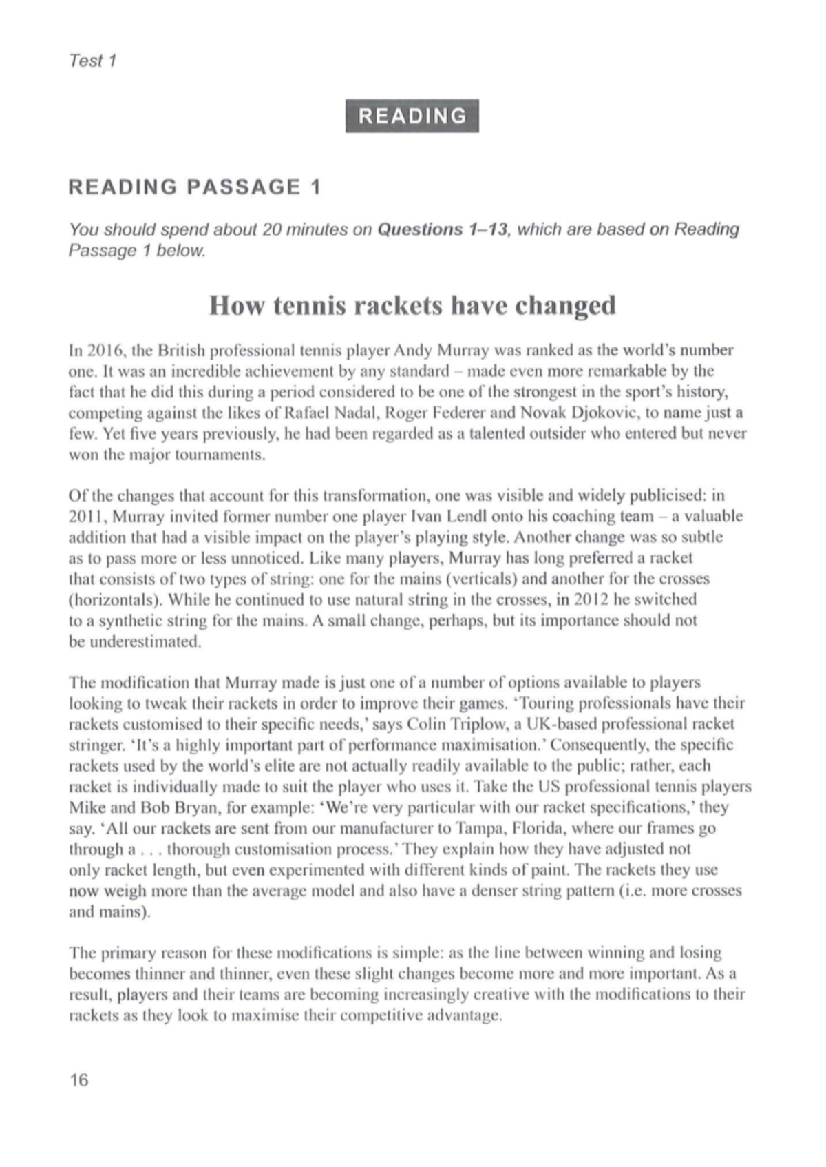 Test 1: Reading Passage on Tennis Racket Modifications - Studocu
