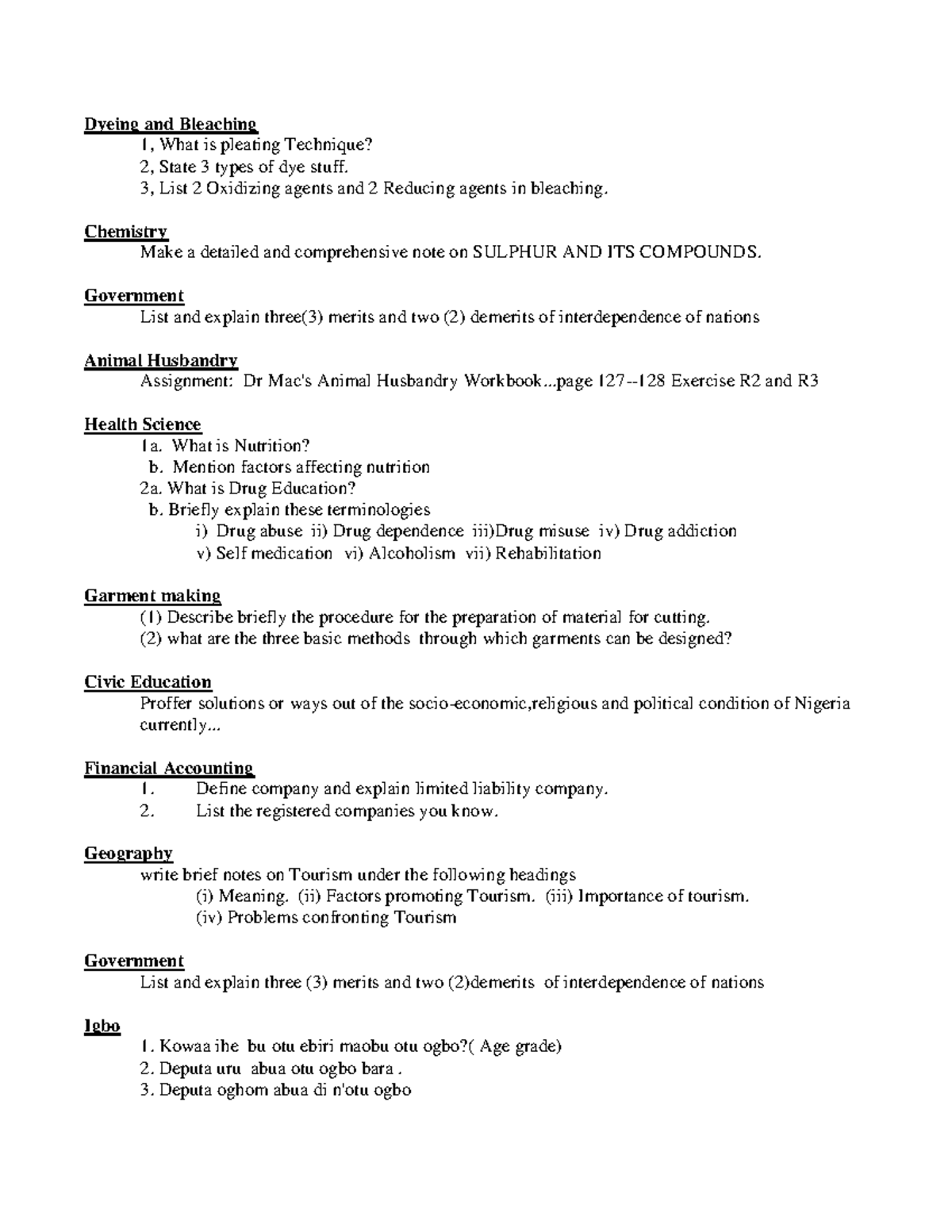 SSS2 Holiday Assignment: Comprehensive Study Topics for 3rd Term 2023 ...