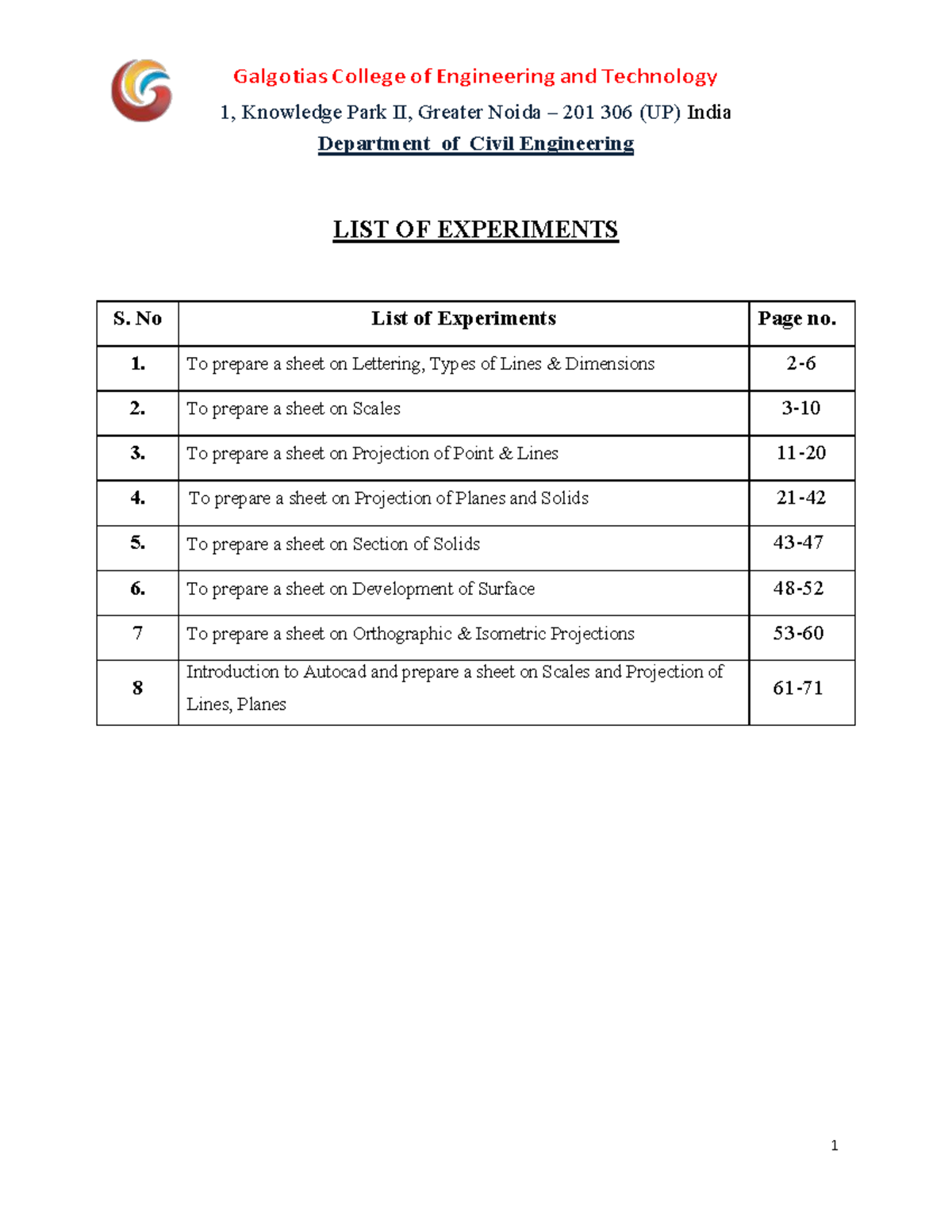 Lab Manual BCE 151: Engineering Graphics Experiments - Studocu