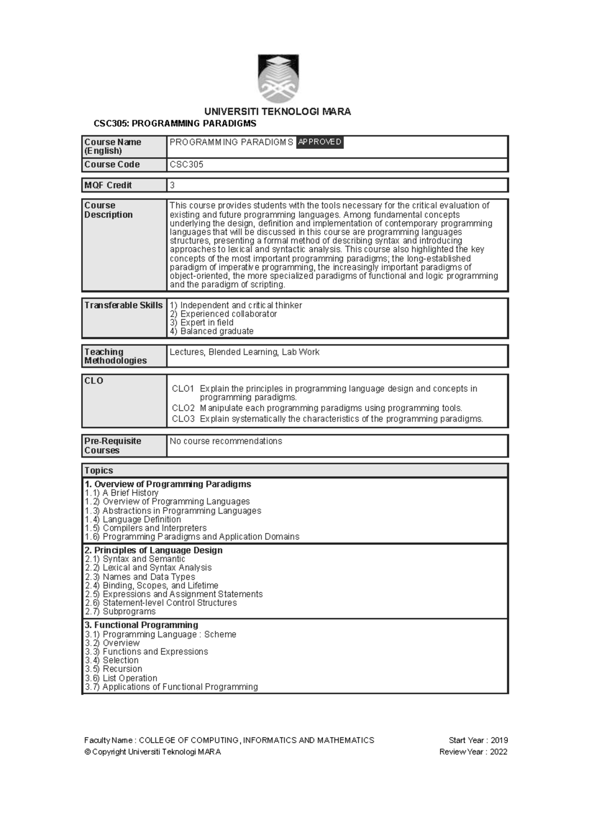 CSC305: Comprehensive Overview of Programming Paradigms - Studocu