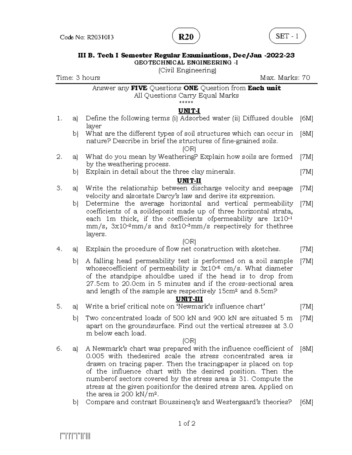 B. Tech I Sem Regular Exam R20: Geotechnical Engineering Set 1 - Studocu