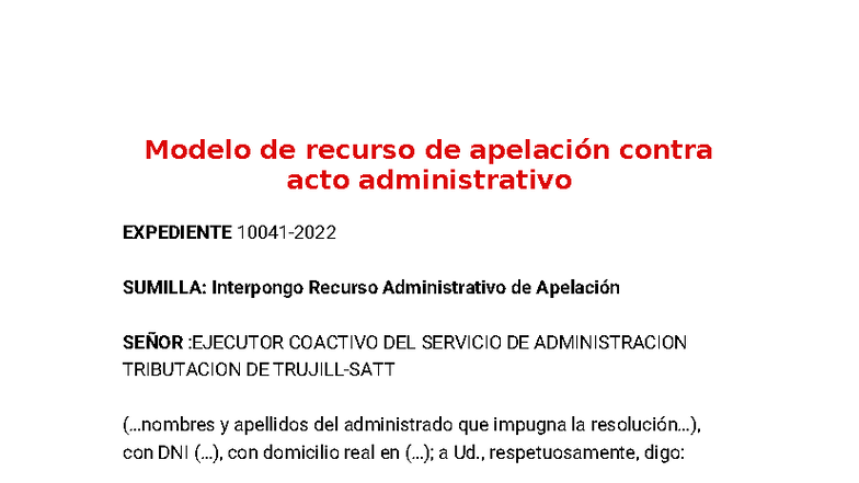 Modelo de Recurso de Apelación Administrativa - EXPEDIENTE SUMILLA ...
