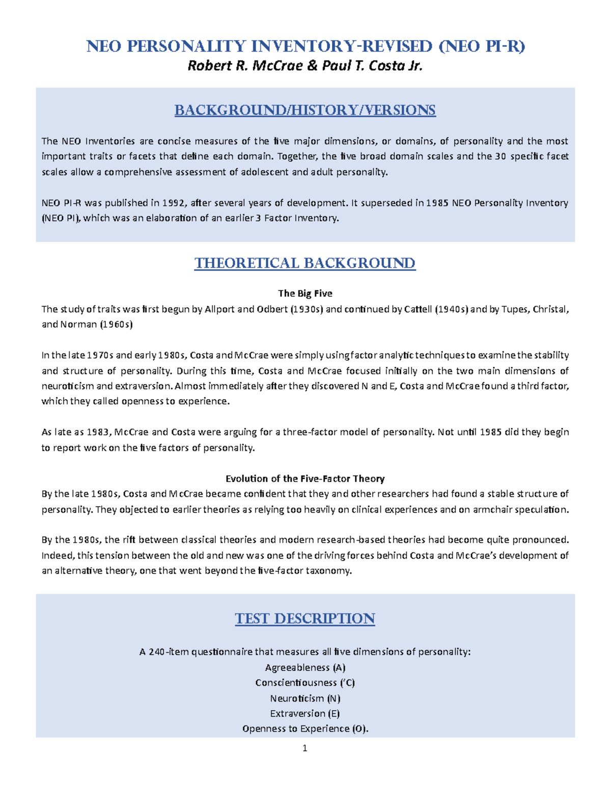 NEO PI-R Overview and Key Insights for Psych Assessment - Studocu