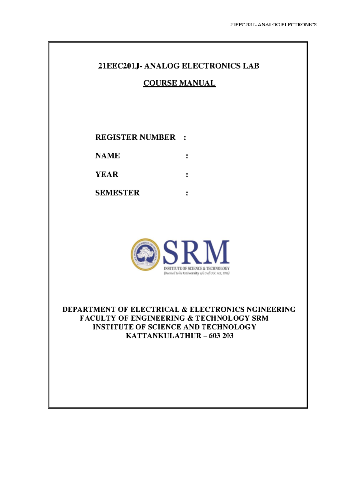 21EEC201J - Analog Electronics Lab Course Manual and Experiments - Studocu