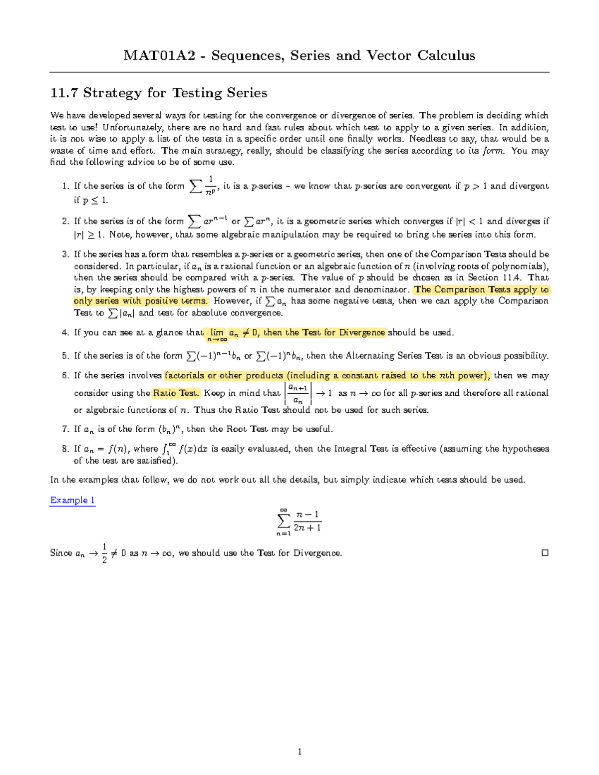 MAT01A2 Final Exam Strategies for Testing Series Convergence - Studocu