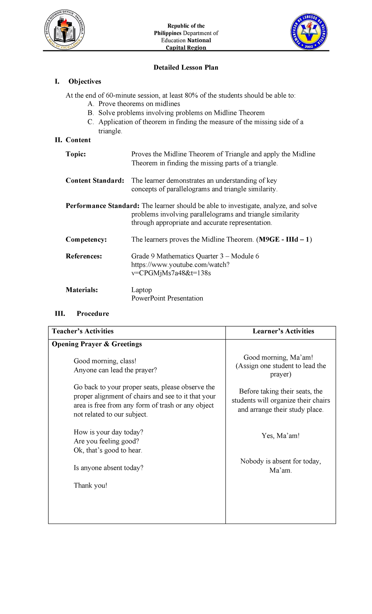 Detailed Lesson Plan: Proving the Midline Theorem in Triangles (M9GE ...