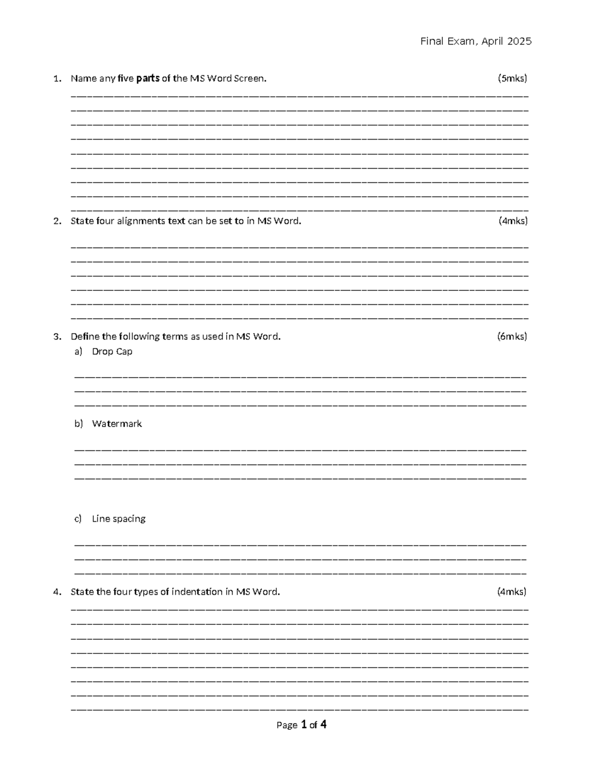 MS WORD FINAL EXAM APRIL 2025 - Practical Questions and Tasks - Studocu