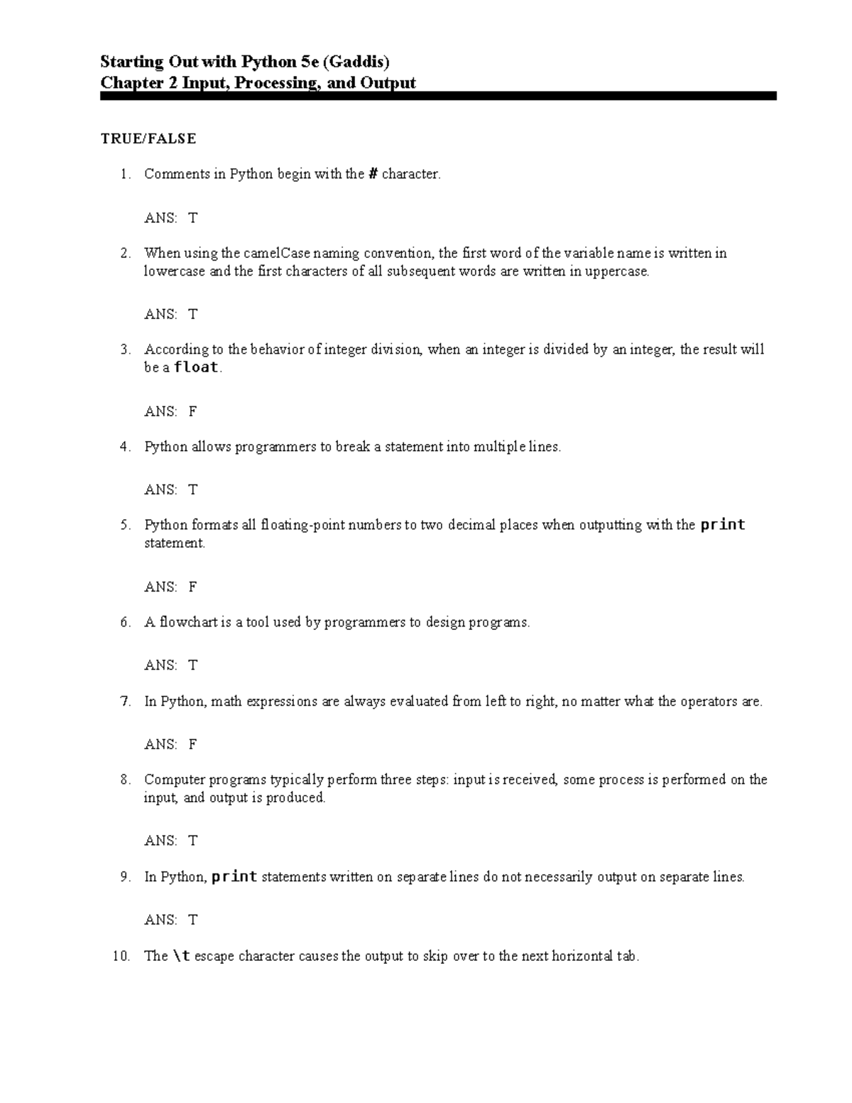 Python 5e Gaddis CH02 Test Bank: Input, Processing, and Output - Studocu