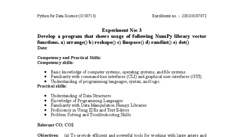 Python for Data Science (3150713) Experiment 3: NumPy Vector Functions - Studocu
