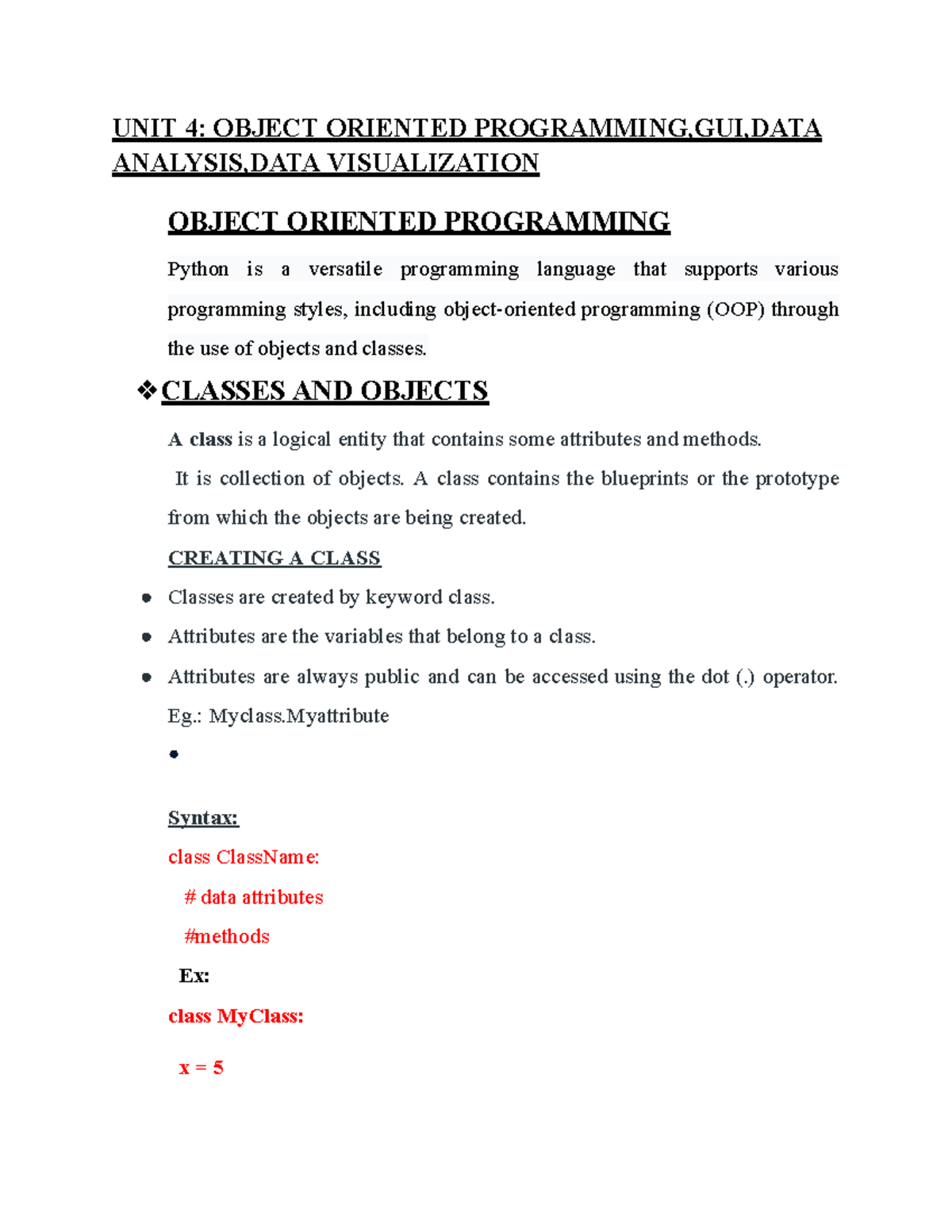 UNIT 4: Object Oriented Programming, GUI, Data Analysis & Visualization ...