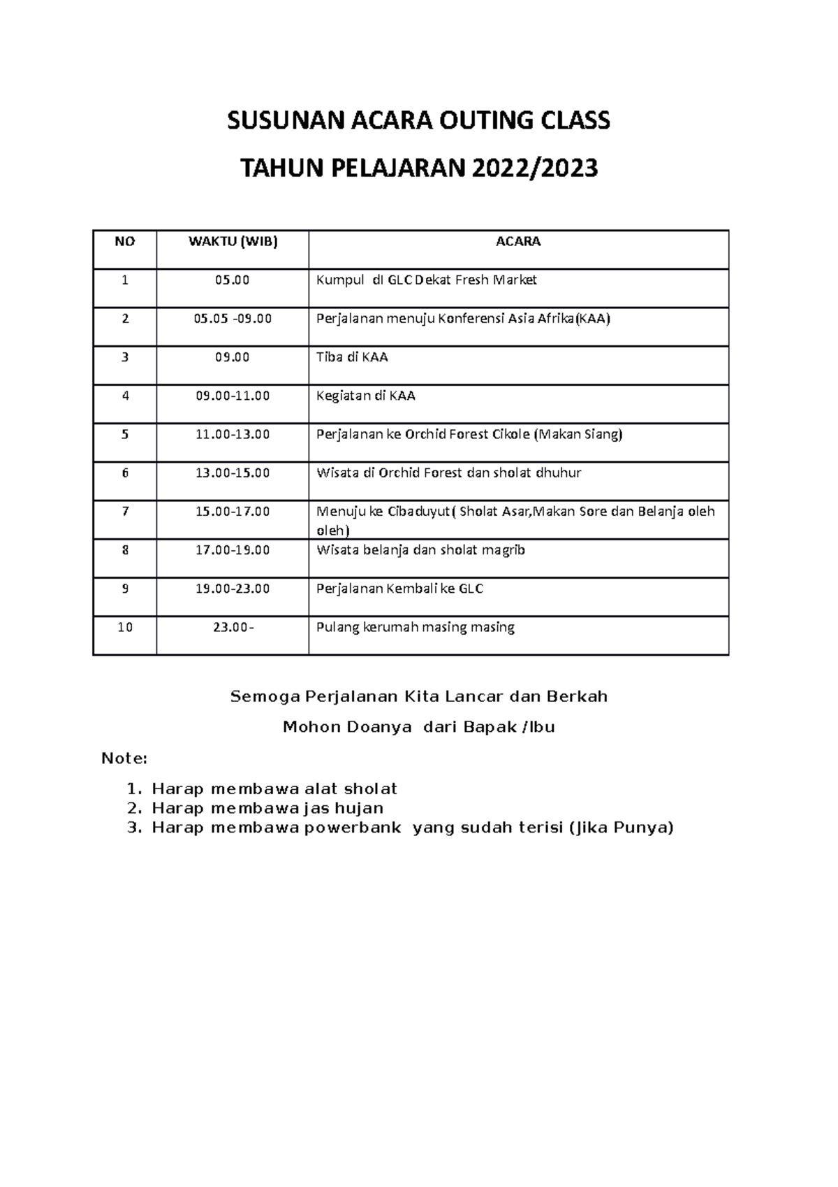 Rundown Acara Outing Class - SUSUNAN ACARA OUTING CLASS TAHUN PELAJARAN ...