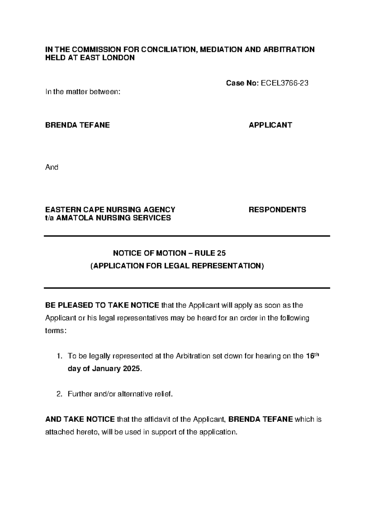 CCMA Case No: Application for Legal Representation by Brenda Tefane ...