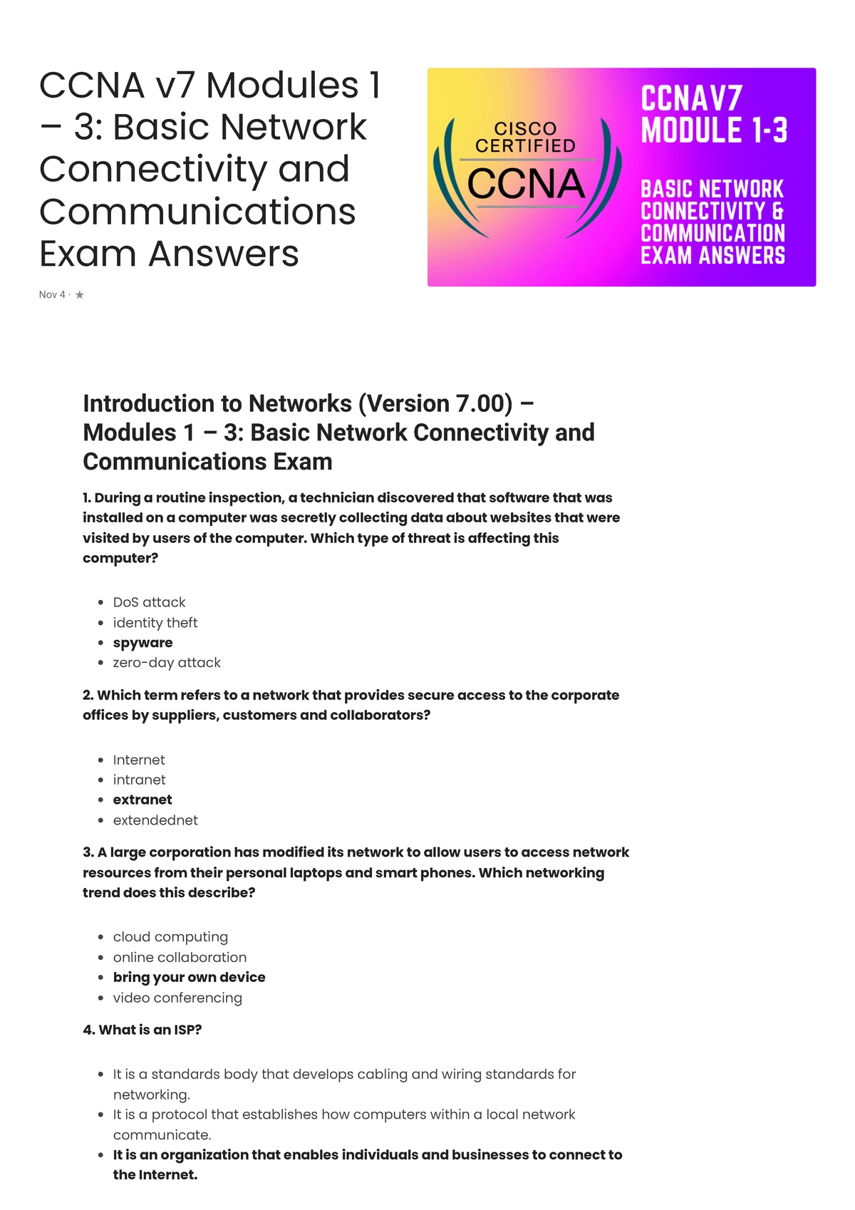 CCNA 1 v7 Modules 4 – 7 Ethernet Concepts Exam Answers - Introduction to Networks ( Version 7 ...