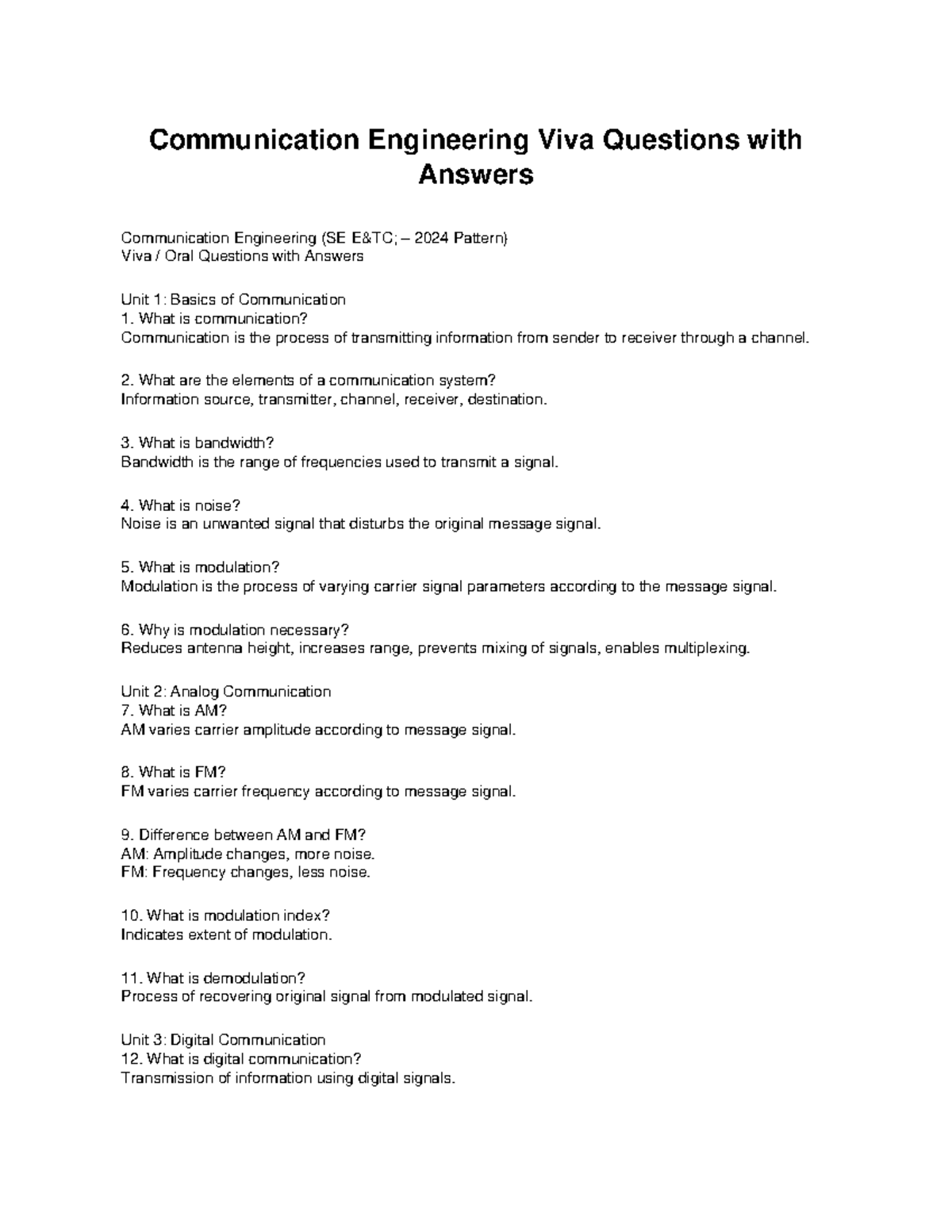 Communication Engineering (SE 2024) Viva Questions & Answers - Studocu