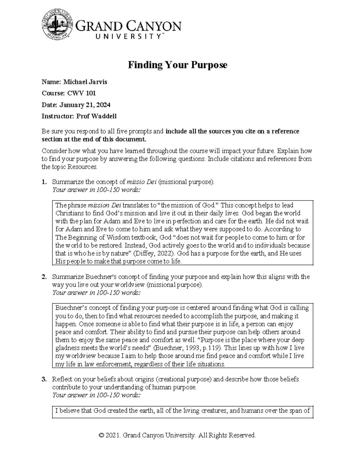 CWV 101 301 RS Finding Your Purpose: Reflections & Insights - Studocu