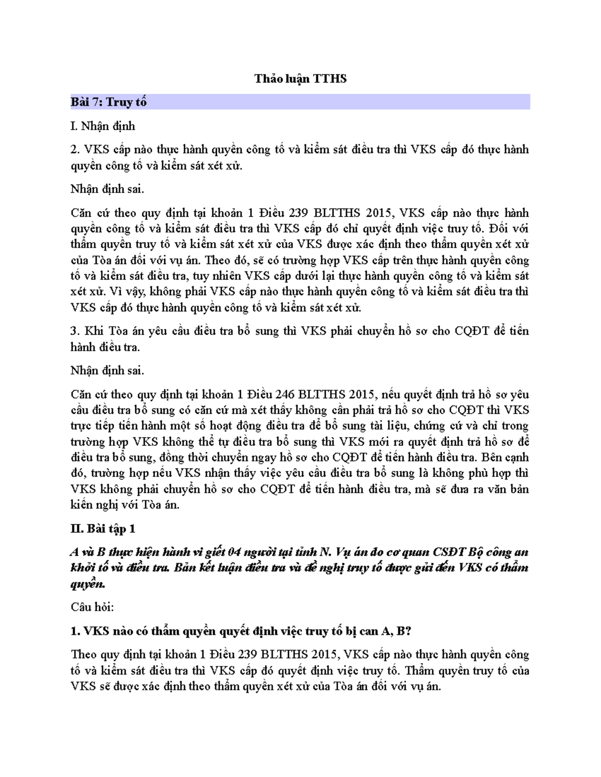 Thảo luận TTHS - Công tố và Quyền kiểm sát vụ án (Bài 7-10) - Studocu