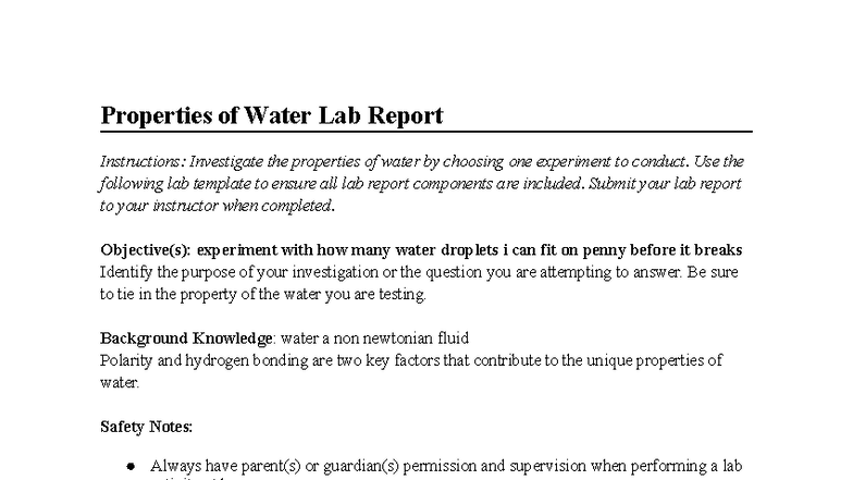 Properties of Water Lab Report: Droplet Experiment Analysis - Studocu