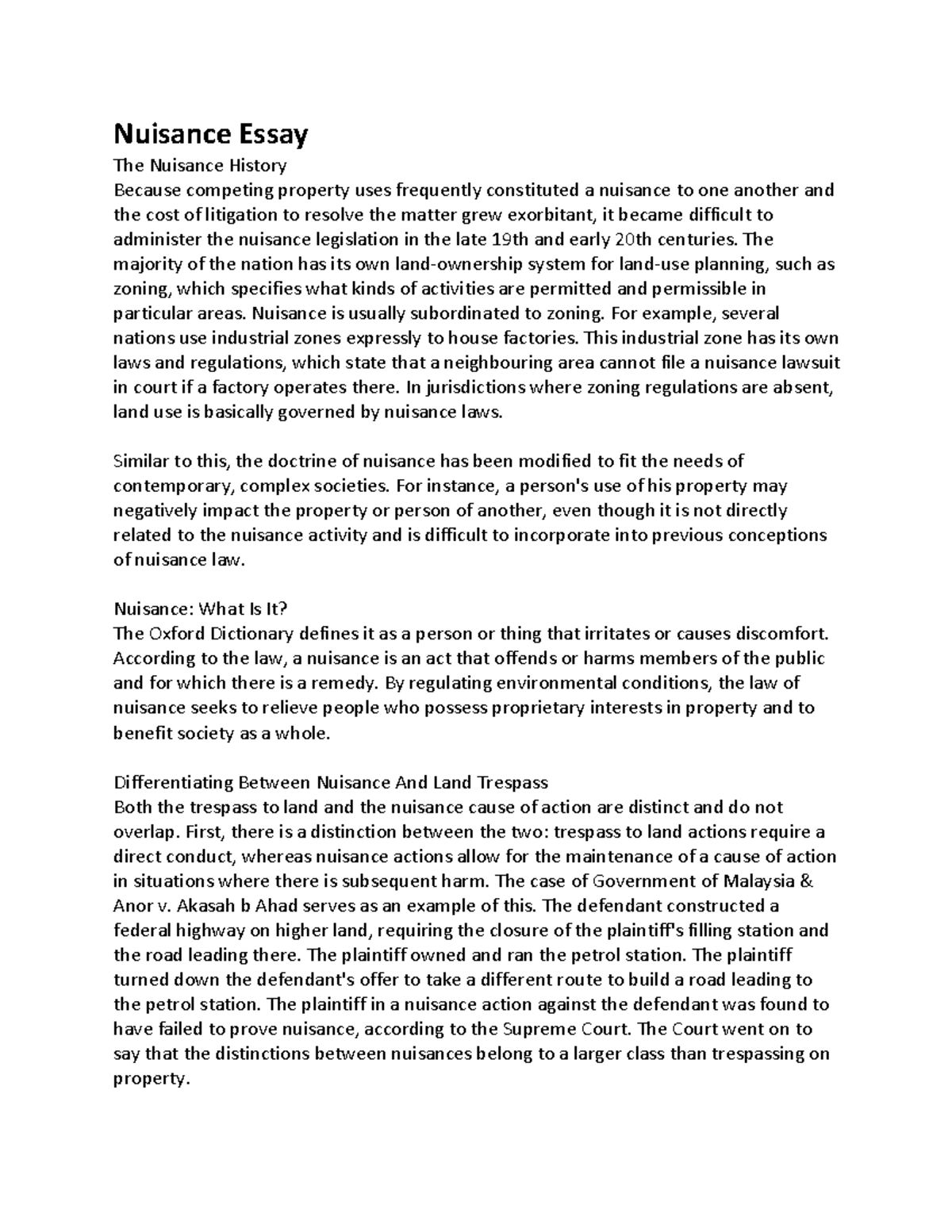 Nuisance Law: Historical Context and Modern Implications Essay - Studocu