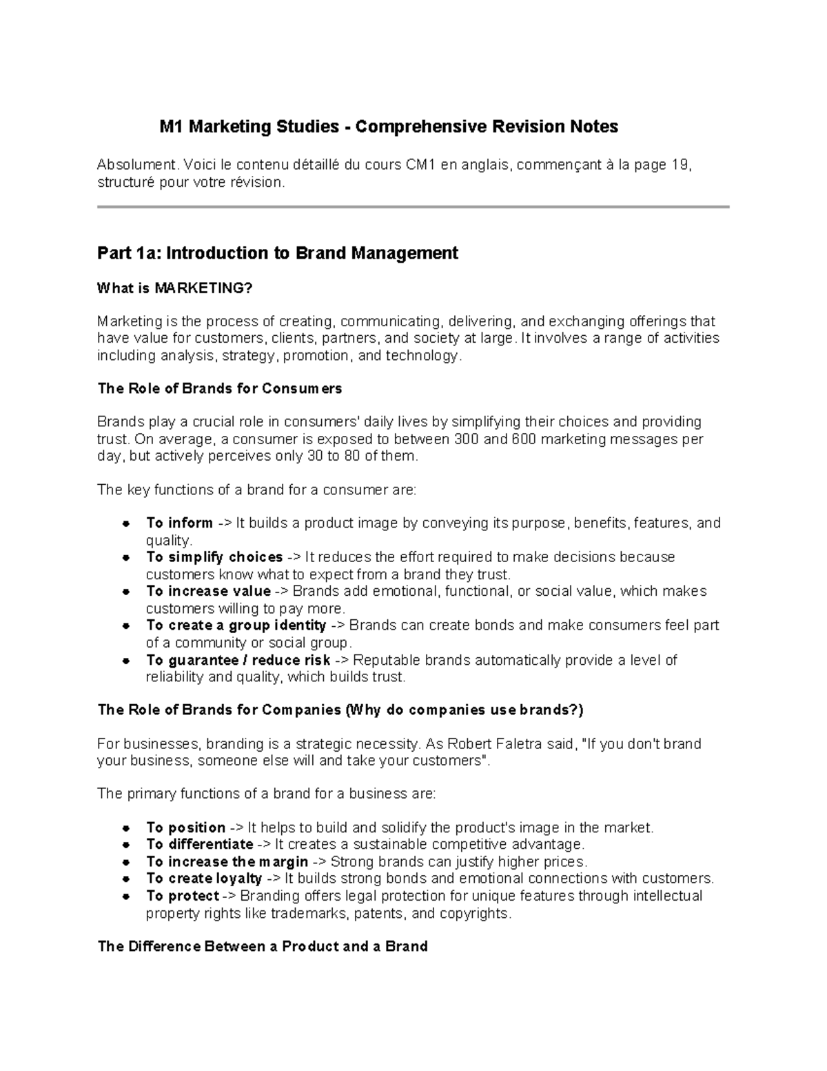CM1 Marketing Studies Comprehensive Revision Notes - Studocu