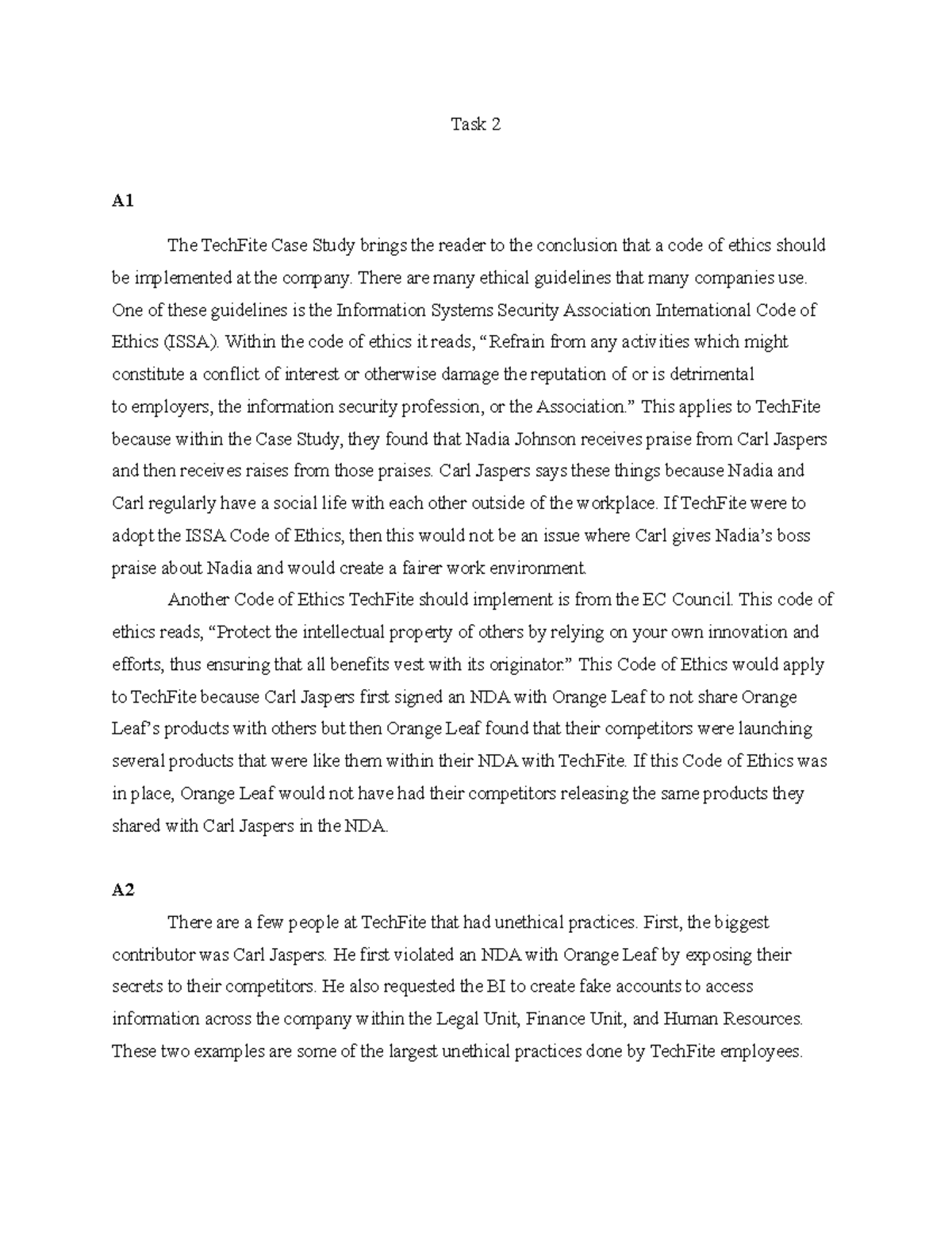 C841 Task 2 - TechFite Case Study: Ethics and Security Improvements ...