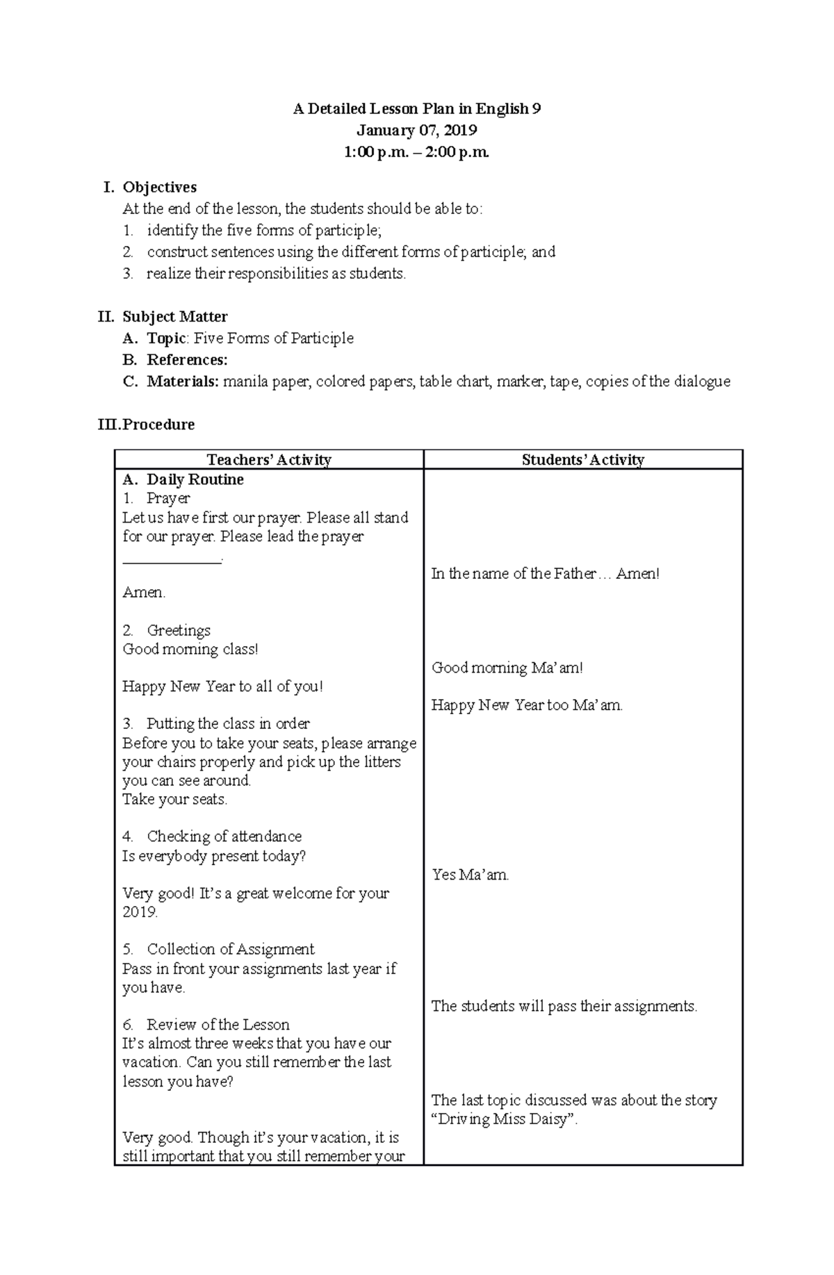 Lesson Plan for English 9: Understanding Five Participle Forms - Studocu