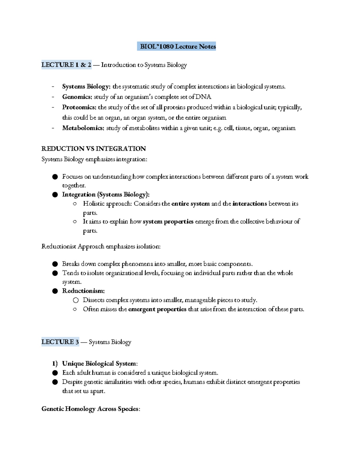 Lecture Notes: Introduction to Systems Biology (BIO 101) - Studocu