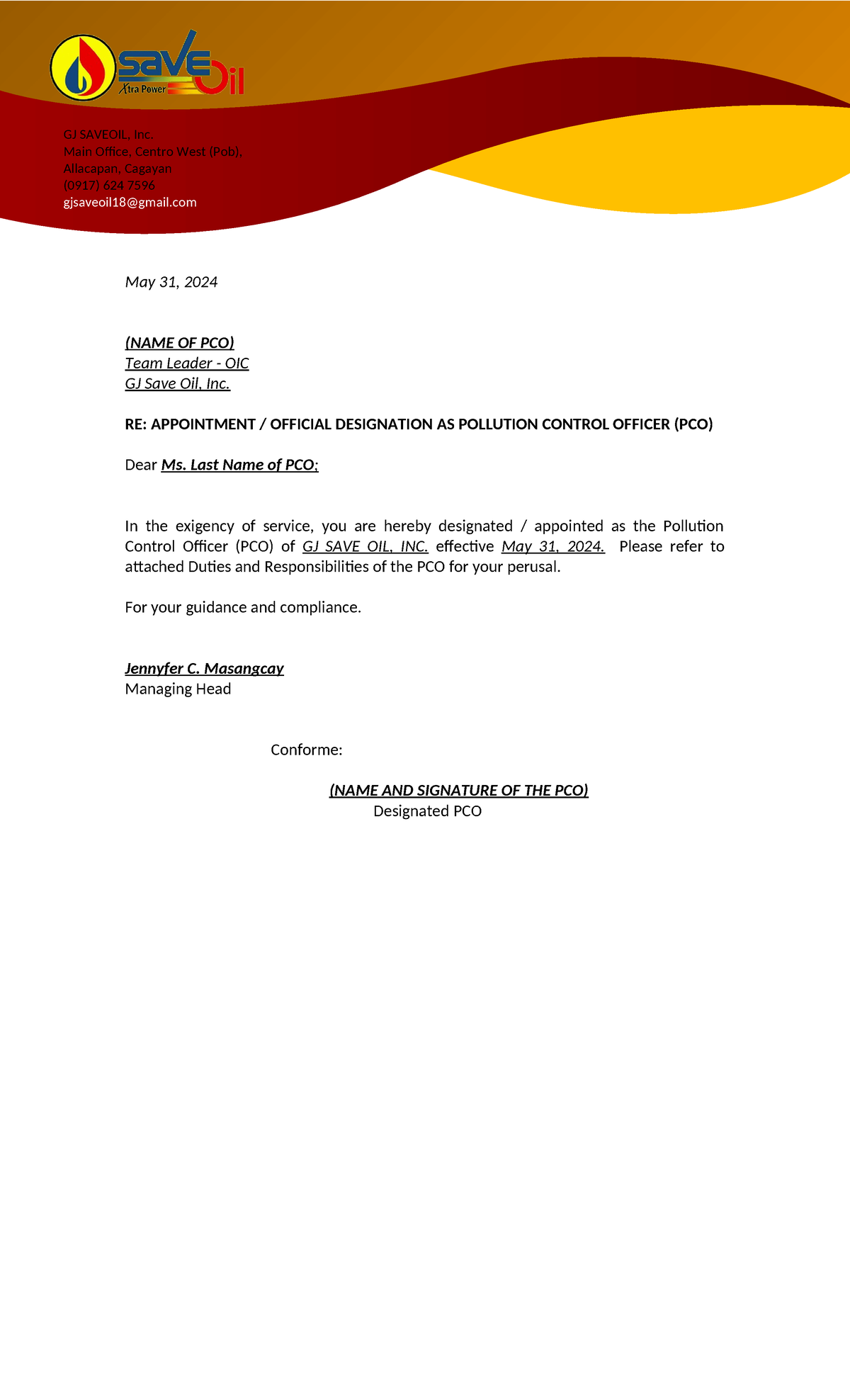 PCO appointment letter - May 31, 2024 (NAME OF PCO) Team Leader - OIC ...