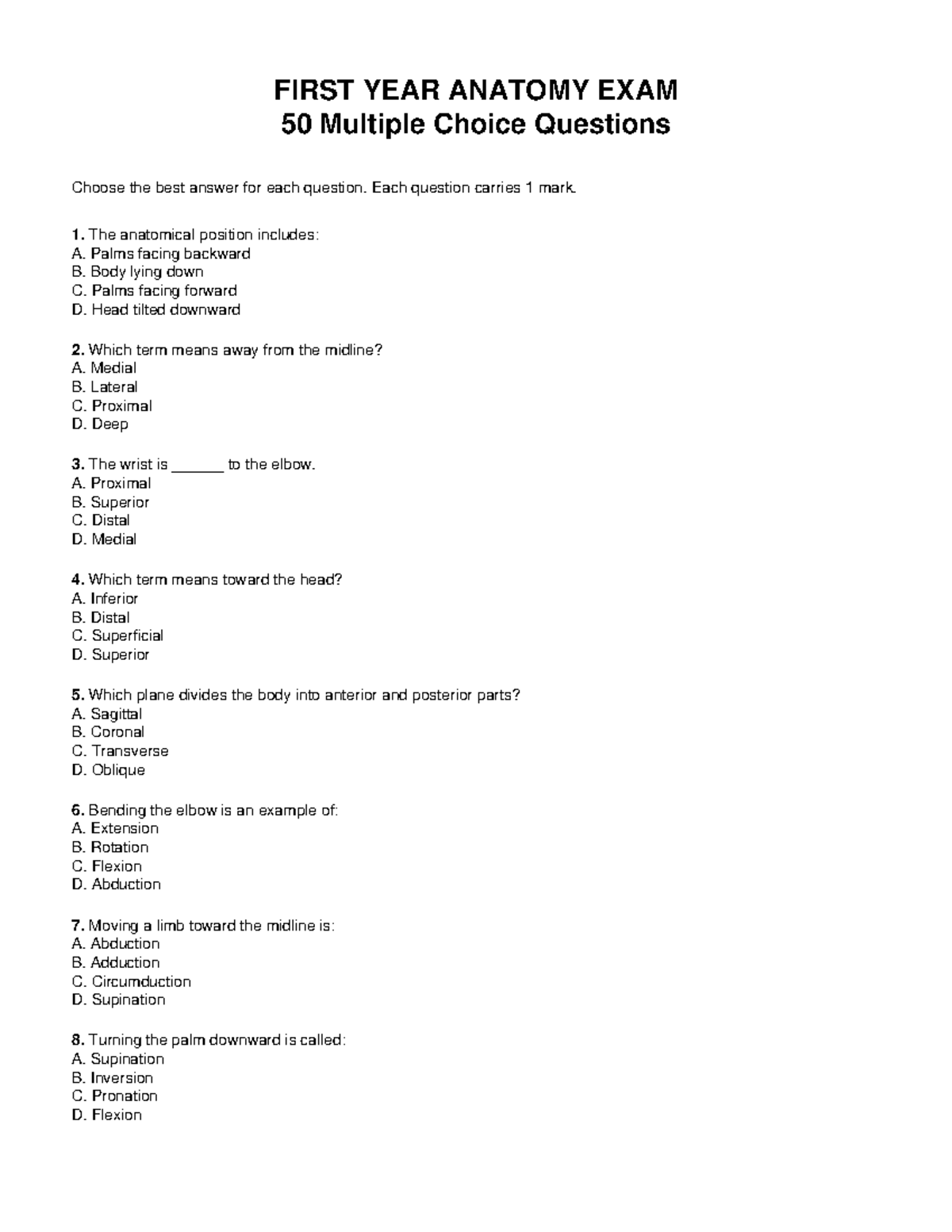 ANATOMY 101 FINAL EXAM: 50 Multiple Choice Questions - Studocu