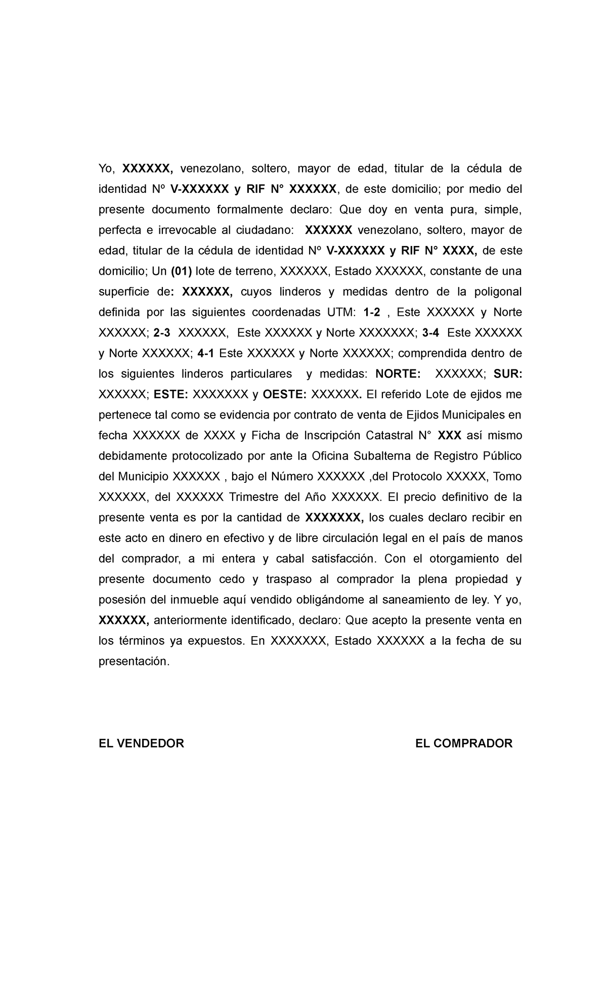 Nuevo Modelo de Venta de Terreno - Yo, XXXXXX, venezolano, soltero ...