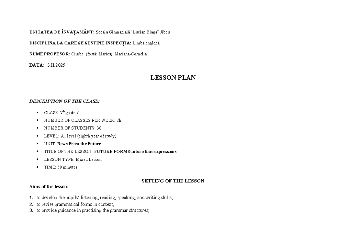 Lesson Plan: Future Time Expressions for 7th Grade A (A1 Level) - Studocu