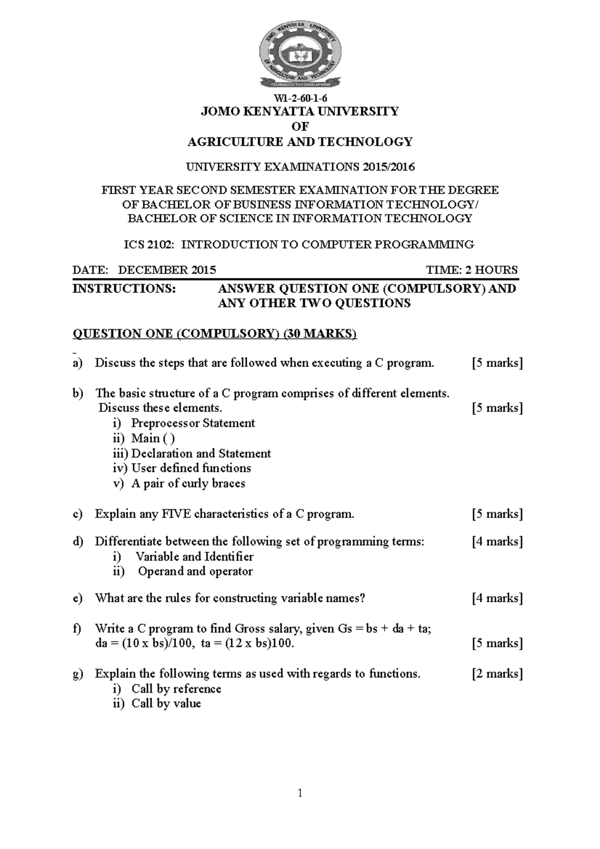 ICS 2102 Final Exam: Introduction to Computer Programming (Dec 2015 ...