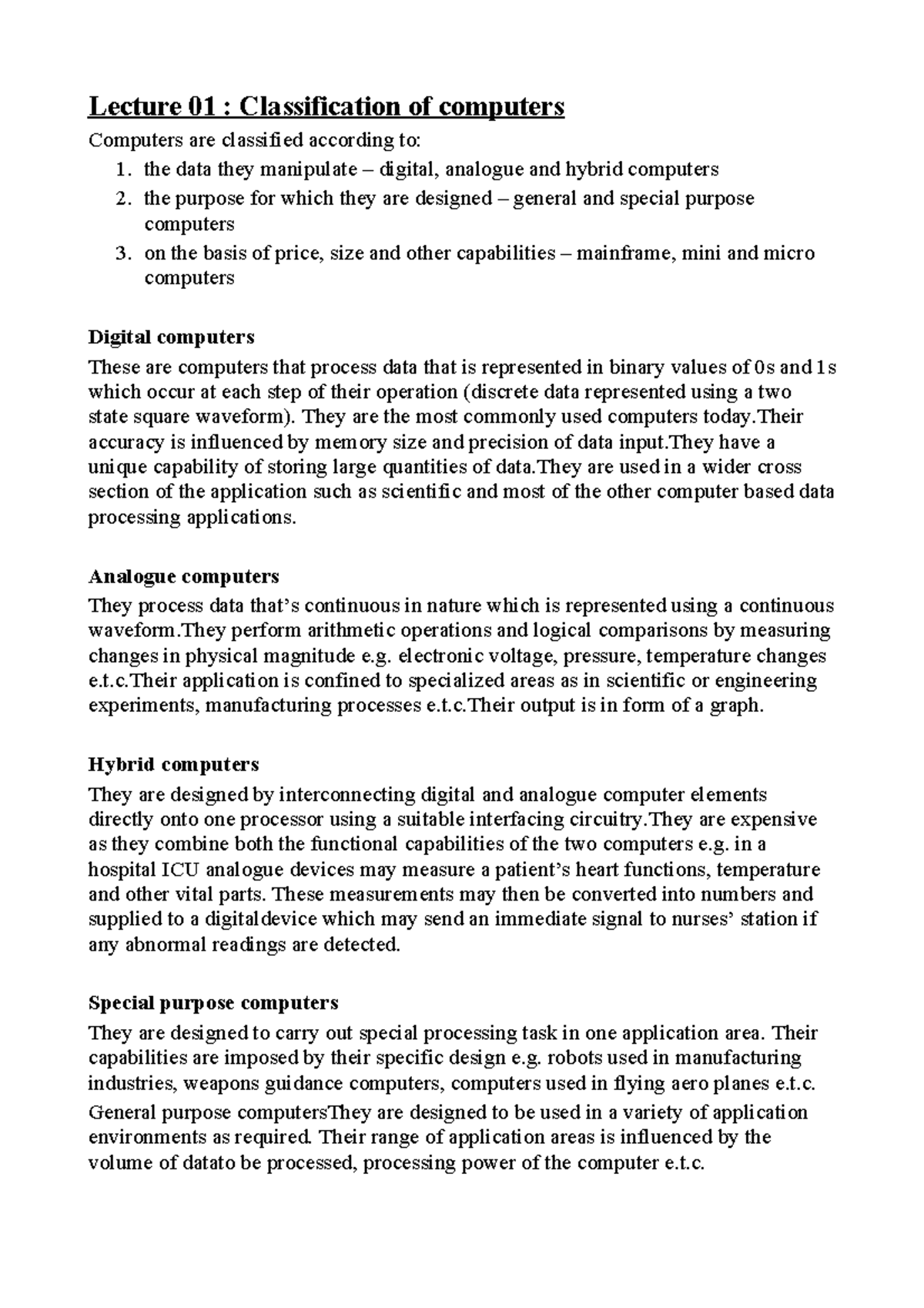 Lecture 01 Classification of Computers pdf - Lecture 01 ...