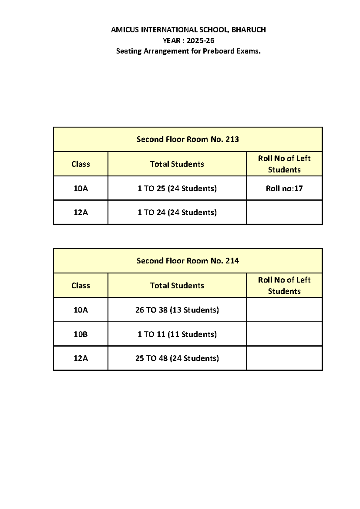 AMICUS INTERNATIONAL SCHOOL, BHARUCH: Preboard Exam Seating Arrangement ...