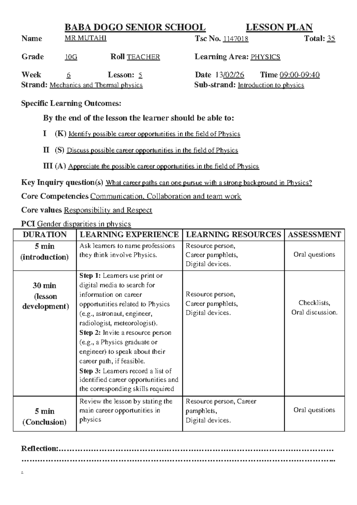 BABA DOGO SENIOR SCHOOL G10 Physics Lesson Plan: Career Paths in ...