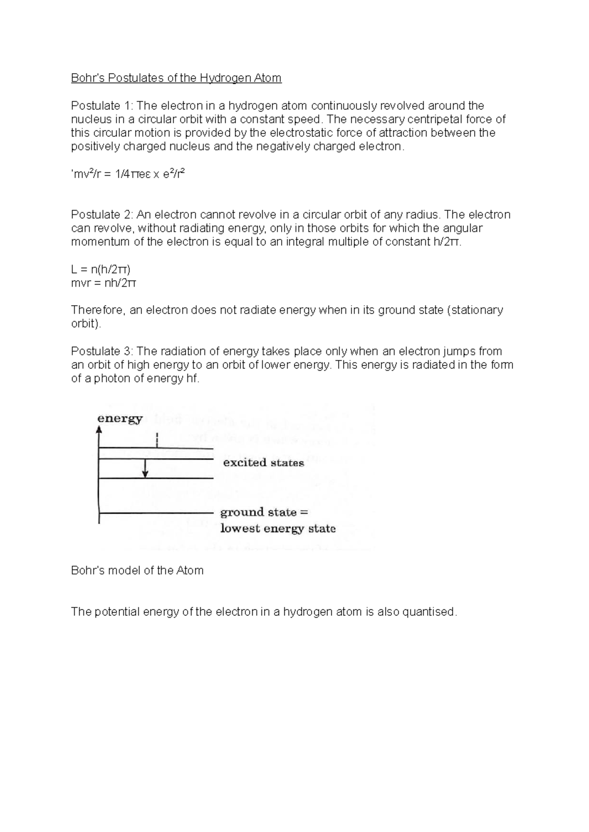 Physics Note Sheet Draft: Postulates of the Hydrogen Atom - Studocu