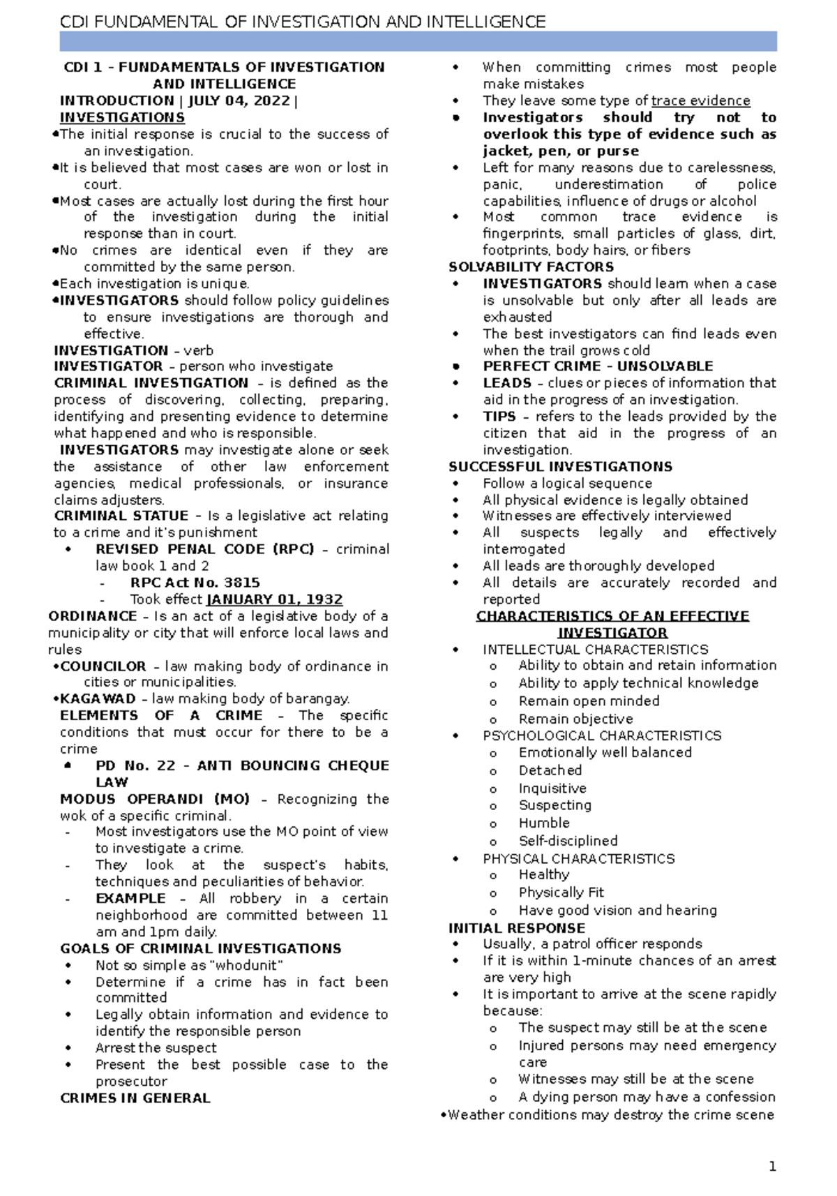 CDI 1 - FUNDAMENTAL OF INVESTIGATION AND INTELLIGENCE - CDI 1 – FUNDAMENTALS OF INVESTIGATION ...