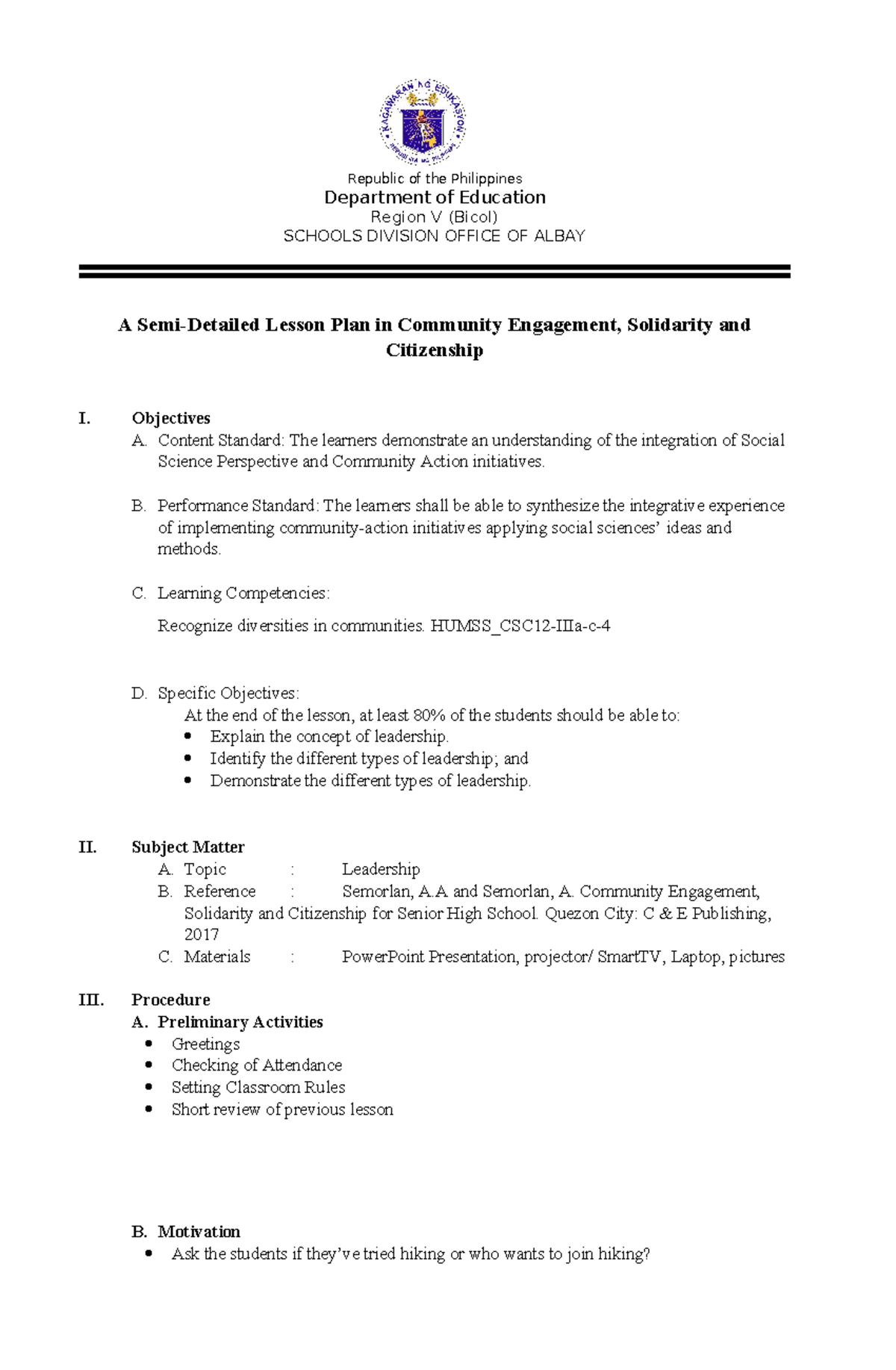 Semi-Detailed Lesson Plan on Community Engagement HUMSS_CSC12 SY 2023 ...