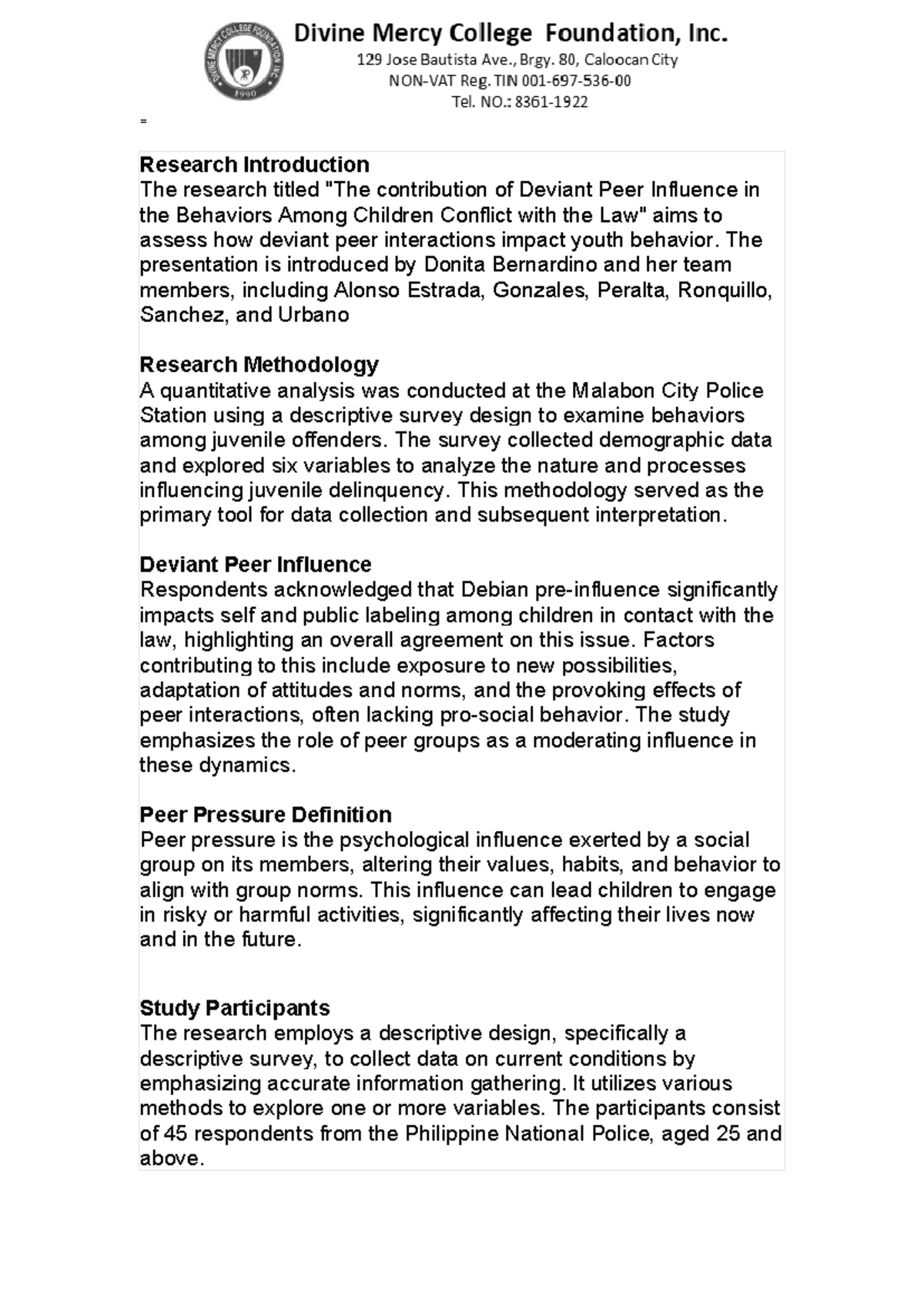 Research on Deviant Peer Influence in Youth Behavior (DMCFI 101) - Studocu