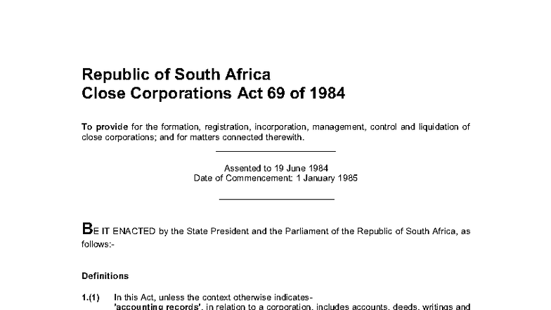 Close Corporations ACT 69 of 1984: Overview and Key Provisions - Studocu