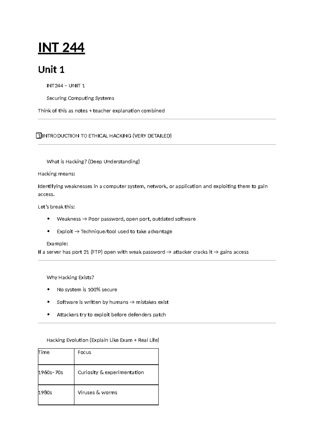 INT 244 Comprehensive Notes on Ethical Hacking and Security Concepts ...