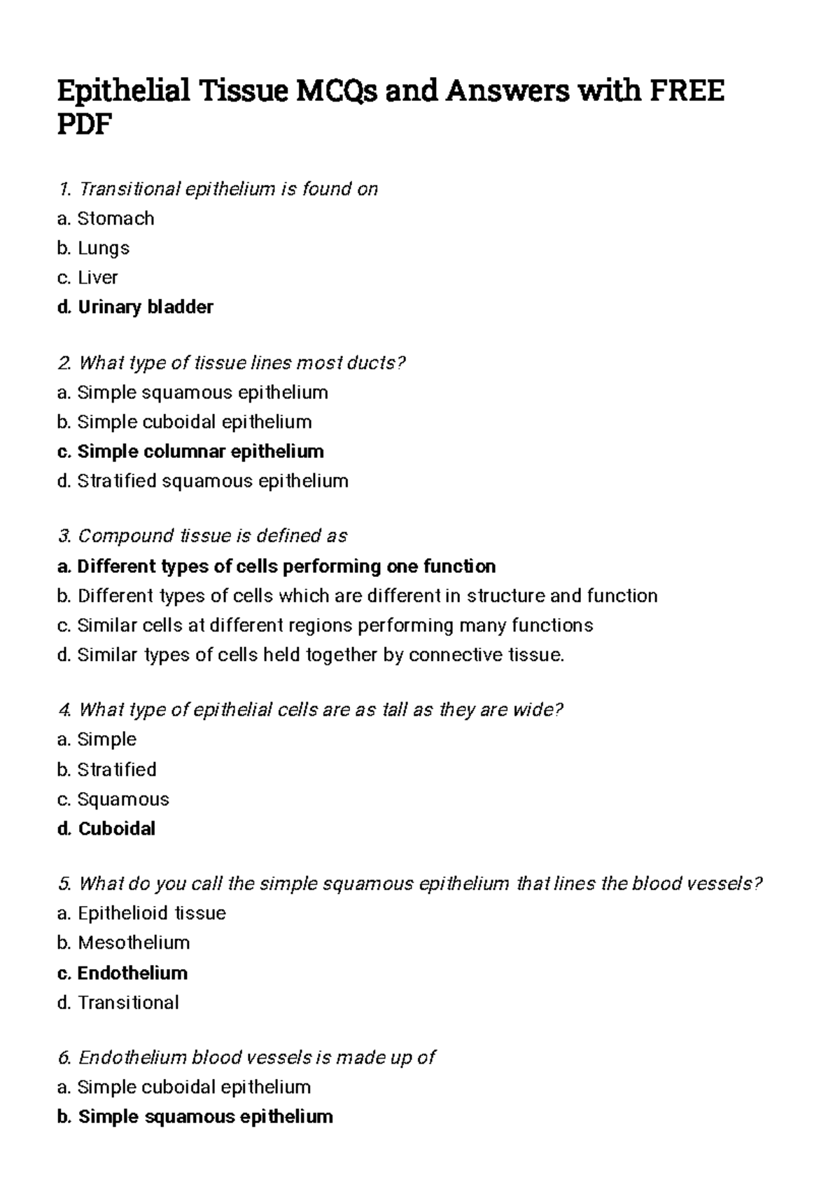 Epithelial Tissue MCQs & Answers for Exam Prep - Free PDF Download ...